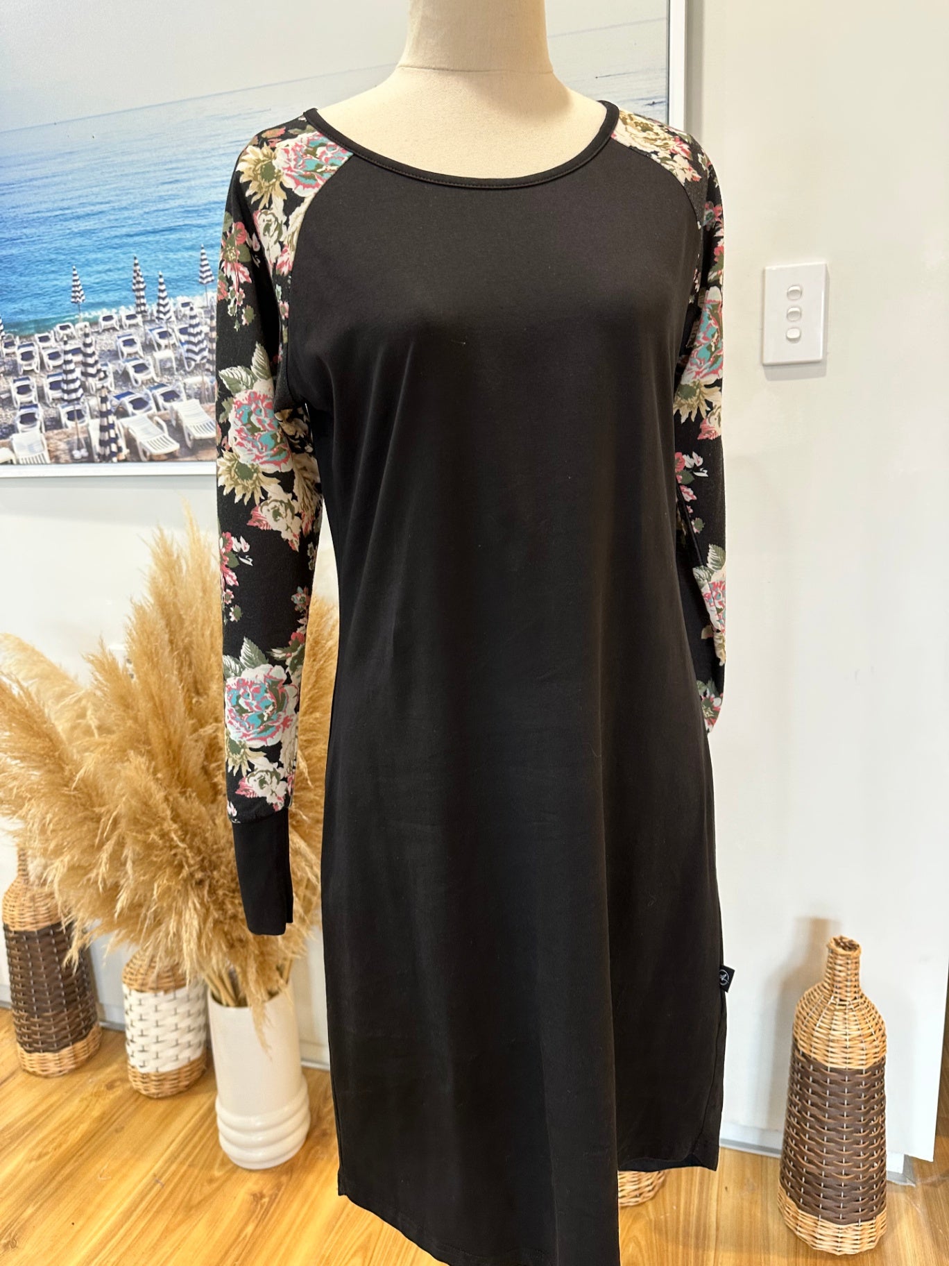 [SALE] Addison Dress 8 Black with floral sleeves – Style Anthology